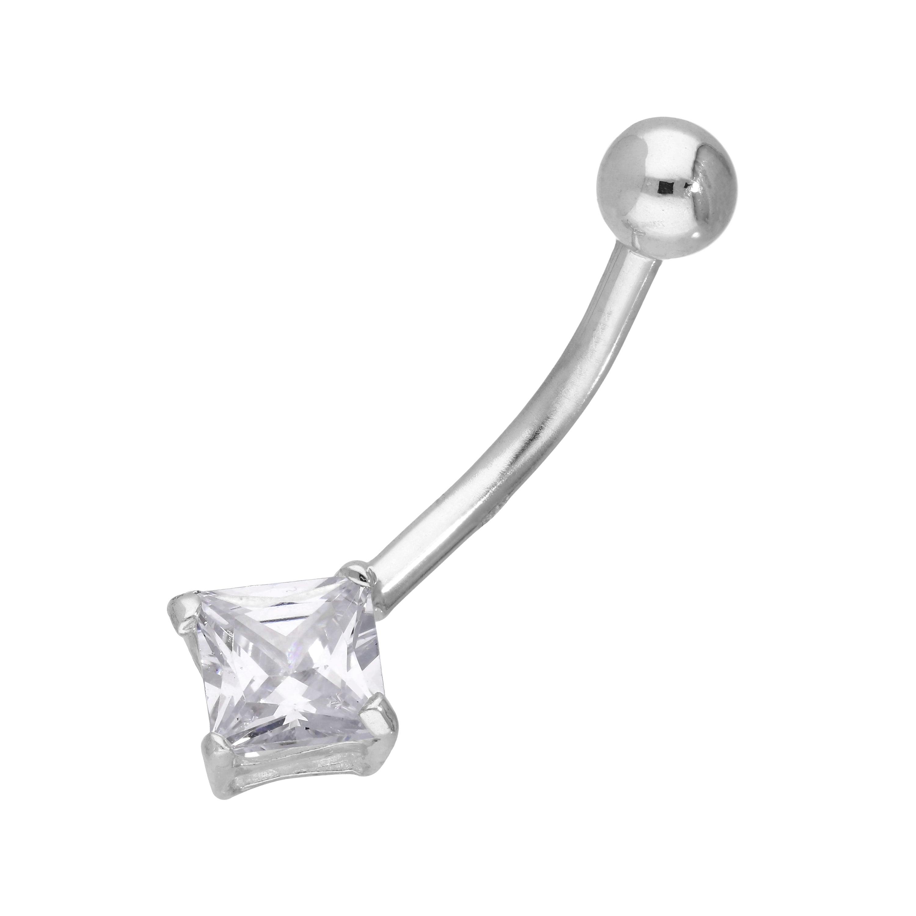 Silver Clear Square CZ Belly Button Bar | jewellerybox