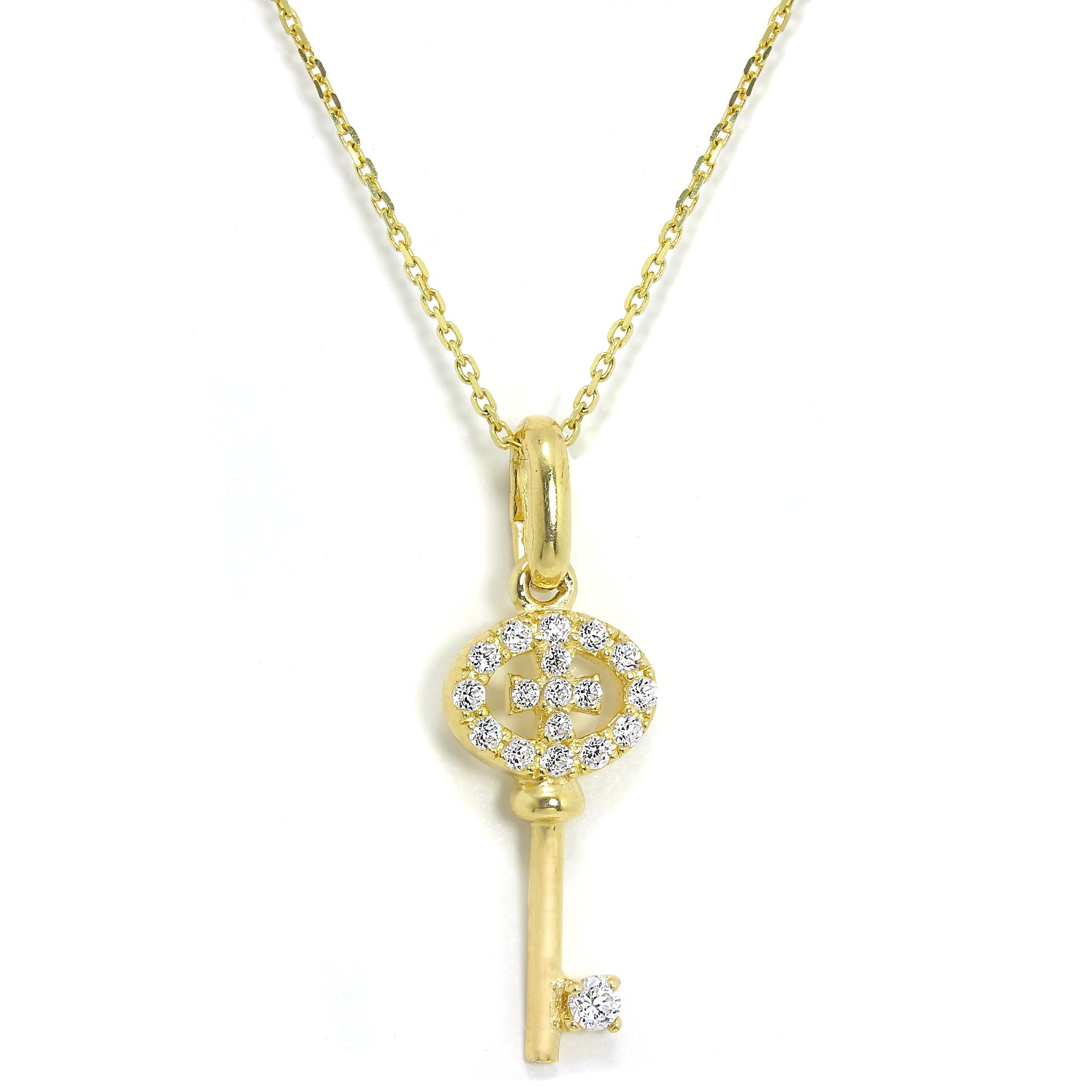 9ct Yellow Gold & CZ Crystal Encrusted Key Pendant on 16 - 20 Inch ...
